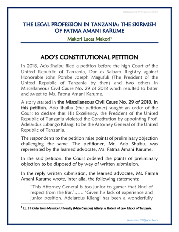 (PDF) LST The Legal Profession in Tanzania The Skirmish of Fatuma Karume.