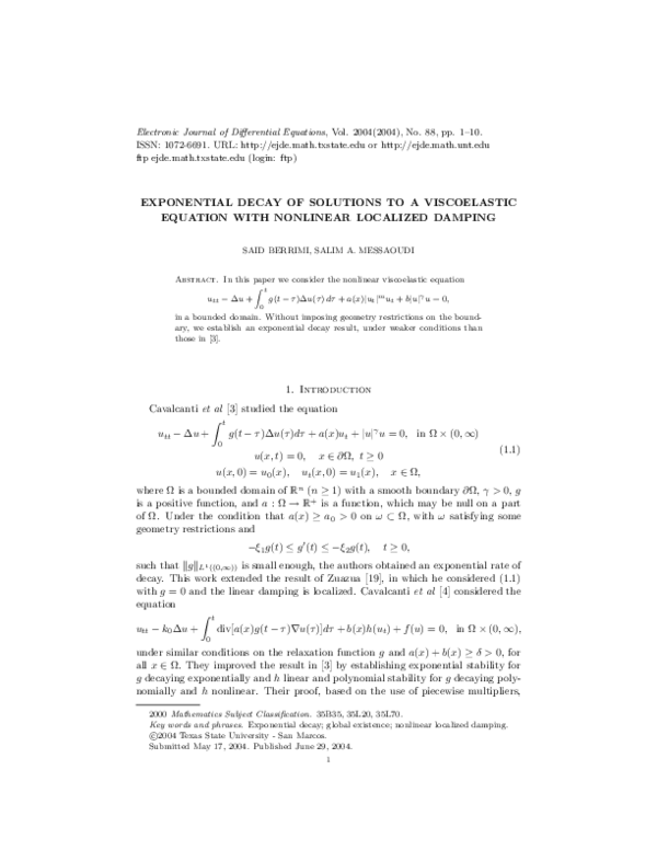 (PDF) Exponential decay of solutions to a viscoelastic equation with nonlinear localized damping ...