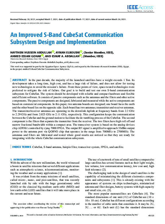 (PDF) An Improved S-Band CubeSat Communication Subsystem Design and Implementation