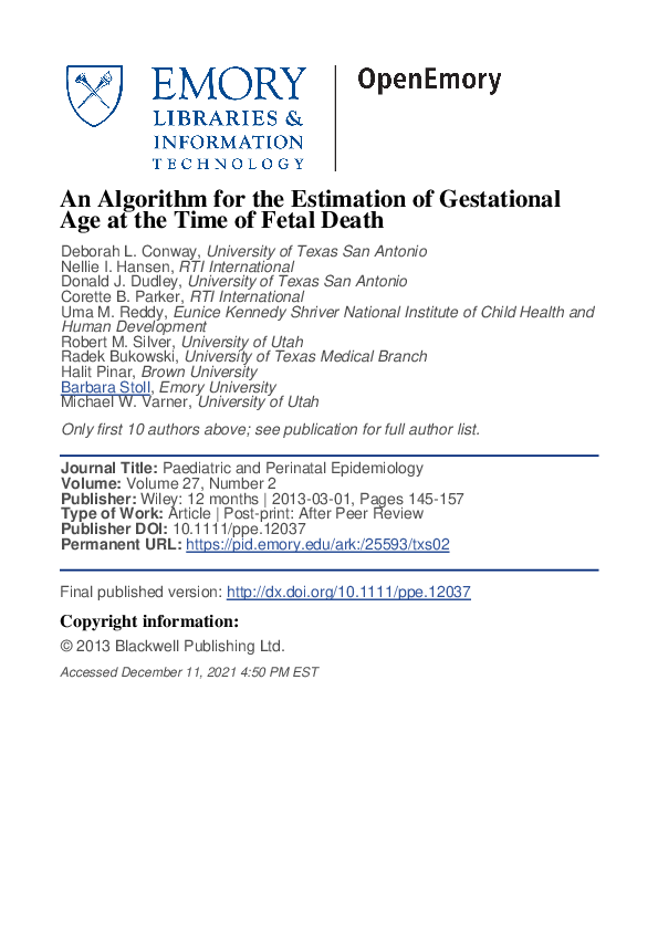 (PDF) An Algorithm for the Estimation of Gestational Age at the Time of ...