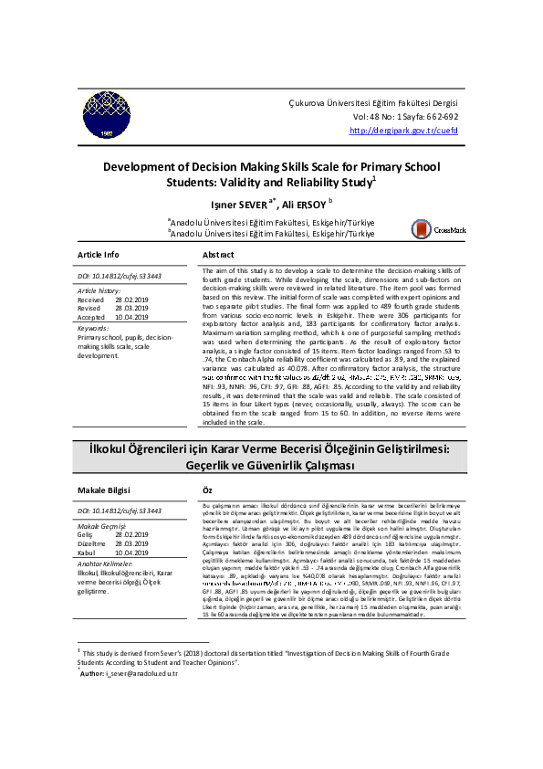 (PDF) Development of Decision Making Skills Scale for Primary School Students: Validity and ...