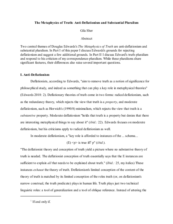 (PDF) The Metaphysics of Truth Anti Deflationism and Substantial ...