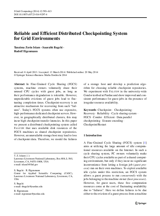 (PDF) Reliable and Efficient Distributed Checkpointing System for Grid ...