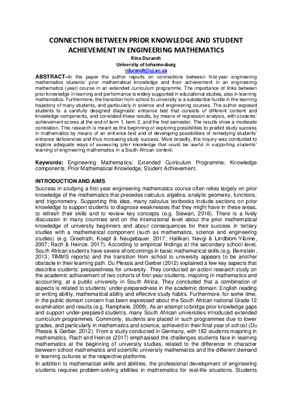 (PDF) Connection between prior knowledge and student achievement in ...