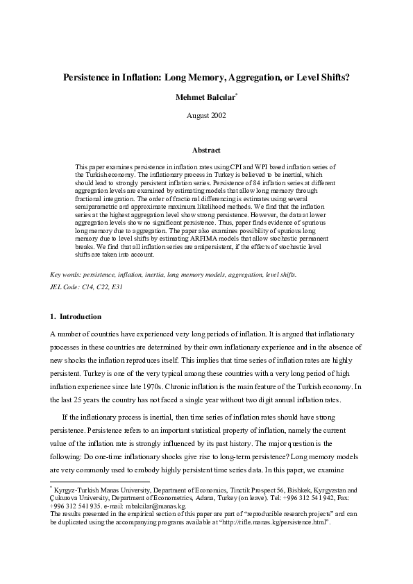 (PDF) Persistence in Inflation: Long Memory, Aggregation, or Level Shifts?
