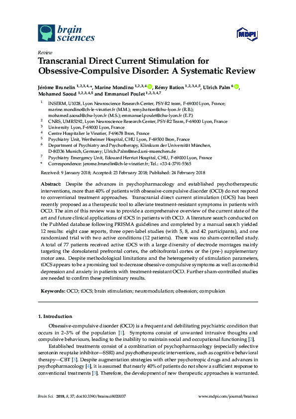 (PDF) Transcranial Direct Current Stimulation for Obsessive-Compulsive Disorder: A Systematic ...