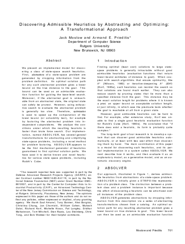 (PDF) Discovering Admissible Heuristics by Abstracting and Optimizing: A Transformational Approach