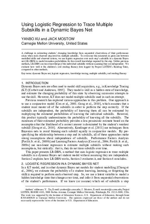 (PDF) Using Logistic Regression to Trace Multiple Sub-skills in a Dynamic Bayes Net