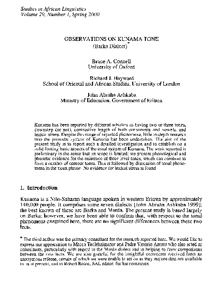 (PDF) OBSERVATIONS ON KUNAMA TONE * (Barka Dialect)