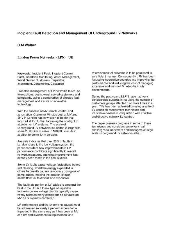 (PDF) Incipient fault detection and management of underground LV networks