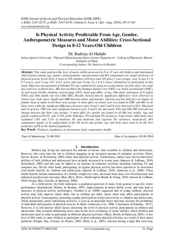 (PDF) Is Physical Activity Predictable From Age, Gender, Anthropometric ...