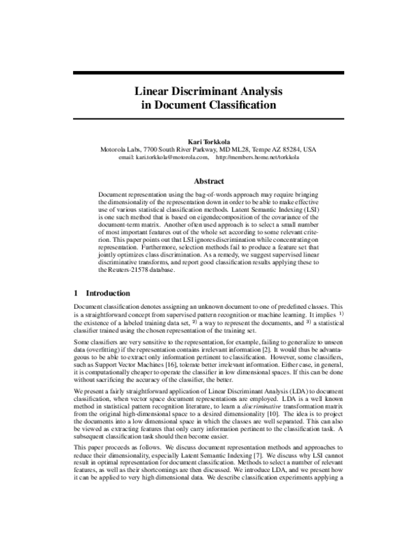 (PDF) Linear discriminant analysis in document classification