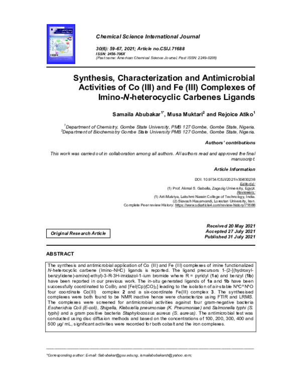 (PDF) Synthesis, Characterization and Antimicrobial Activities of Co (III) and Fe (III ...