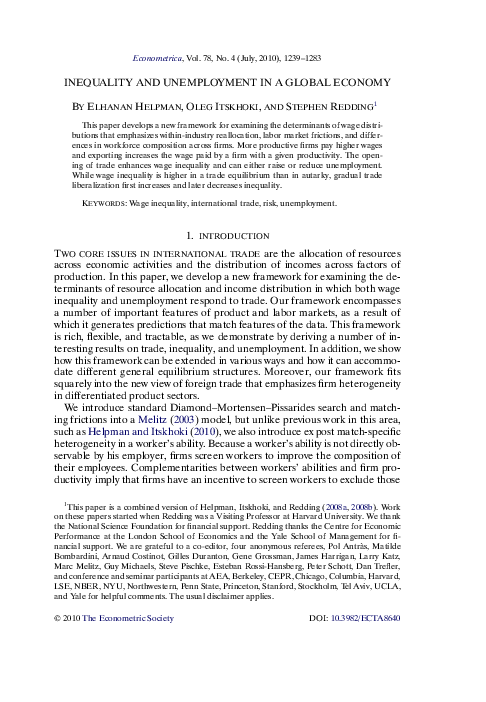 (PDF) Inequality and Unemployment in a Global Economy by Elhanan Helpman