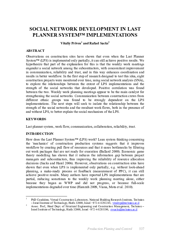 (PDF) Social Network Development in Last Planner System™ Implementations