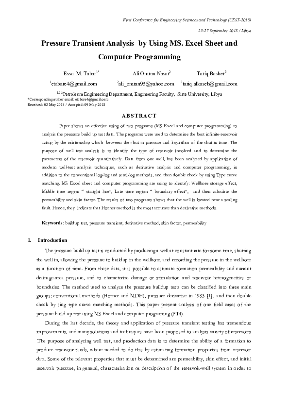 (PDF) Pressure Transient Analysis By Using Ms. Excel Sheet And Computer Programming