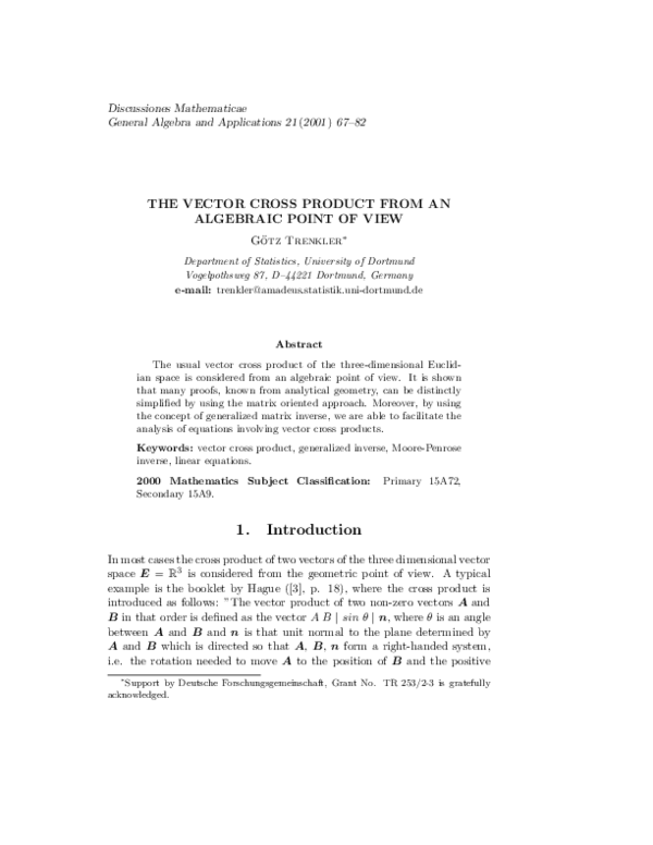 (PDF) The vector cross product from an algebraic point of view