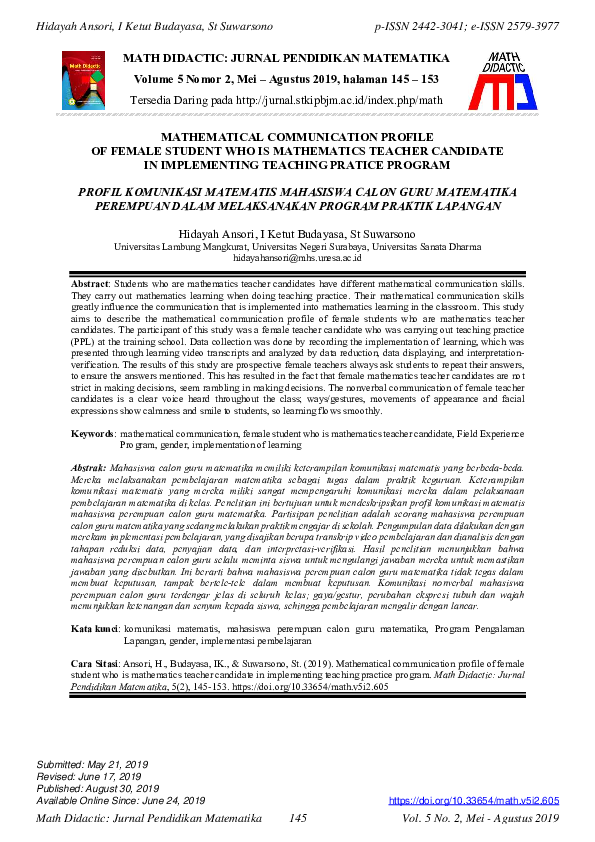 (PDF) Mathematical communication profile of female student who is ...