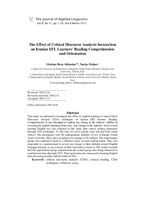 (PDF) The Effect of Critical Discourse Analysis Instruction on Iranian EFL Learners' Reading ...