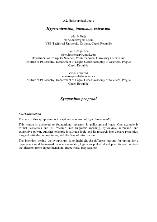 (PDF) A2. Philosophical Logic Hyperintension, intension, extension