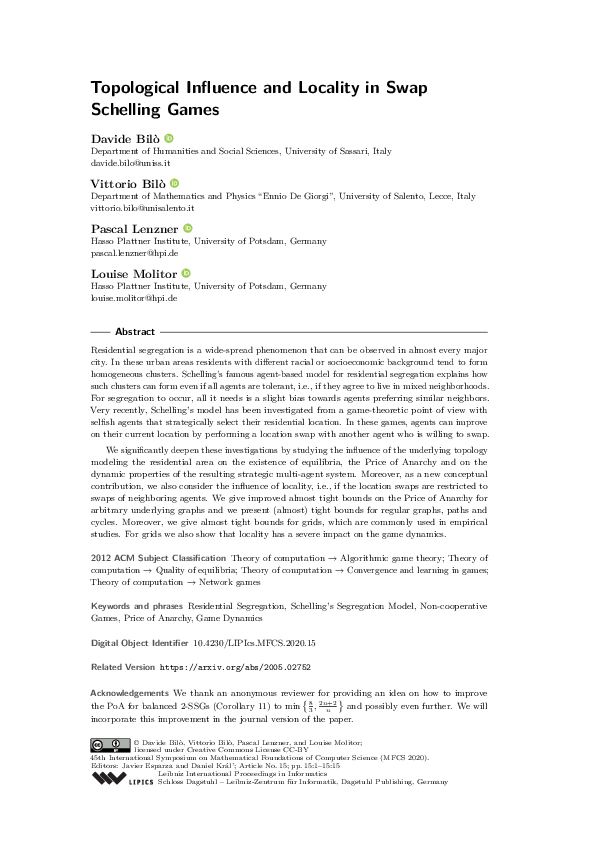 (PDF) Topological Influence and Locality in Swap Schelling Games