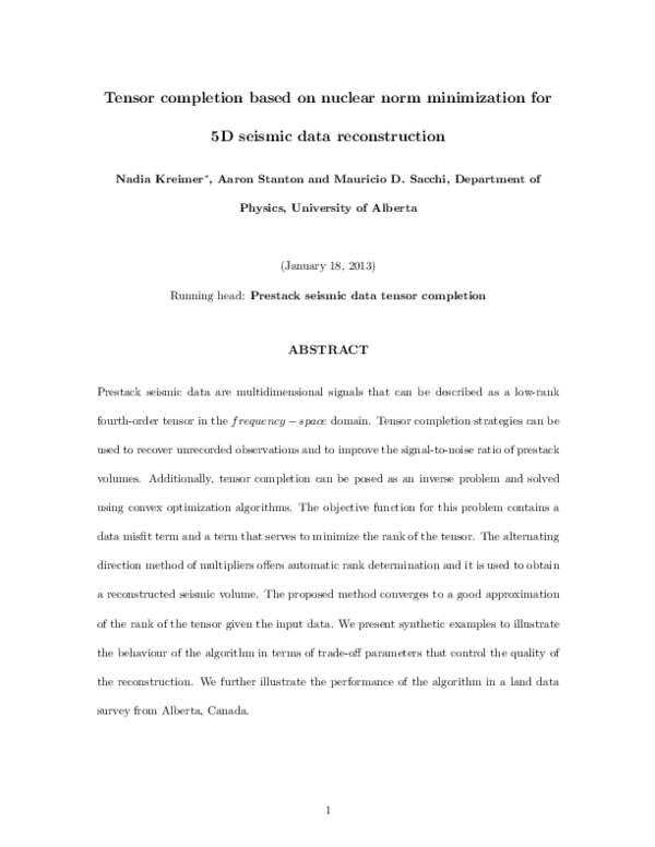 (PDF) Tensor completion based on nuclear norm minimization for 5D seismic data reconstruction