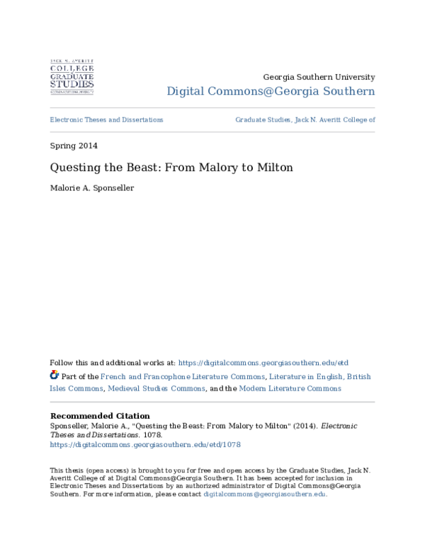 (PDF) QUESTING THE BEAST : FROM MALORY TO MILTON by MALORIE SPONSELLER ...