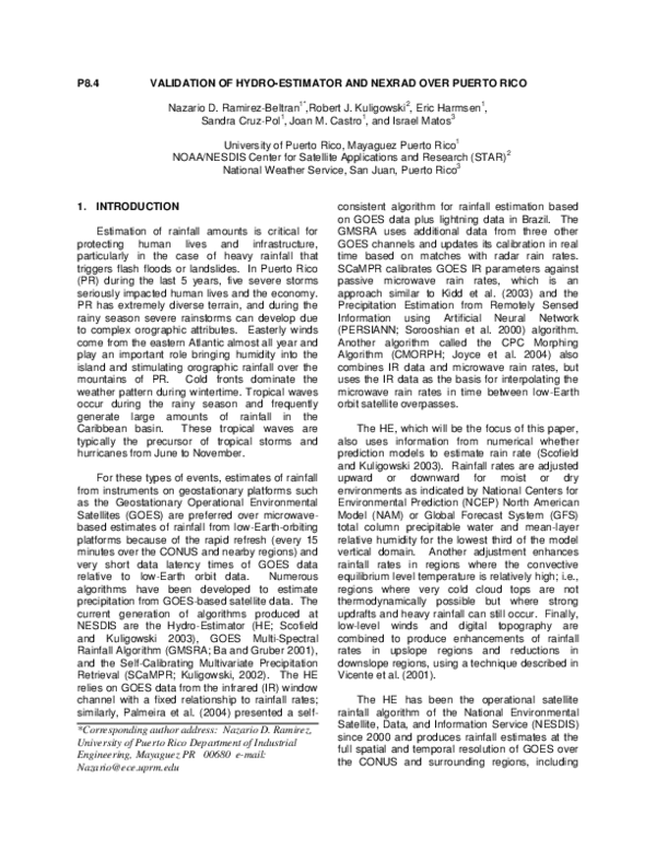 (PDF) P8.4 Validation of Hydro-Estimator and Nexrad Over Puerto Rico