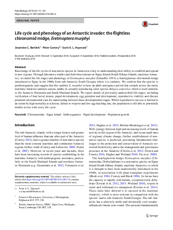 (PDF) Life cycle and phenology of an Antarctic invader: the flightless ...
