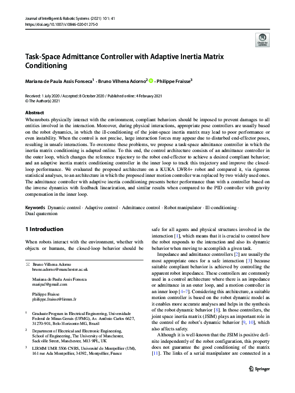 Pdf Task Space Admittance Controller With Adaptive Inertia Matrix Conditioning
