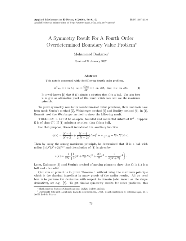 (PDF) A symmetry result for a fourth order overdetermined boundary value problem