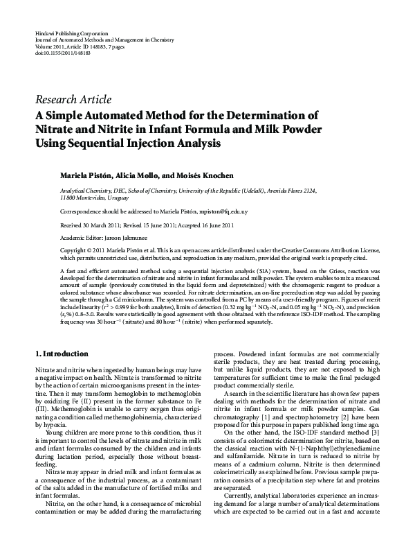 Pdf Research Article A Simple Automated Method For The Determination Of Nitrate And Nitrite In