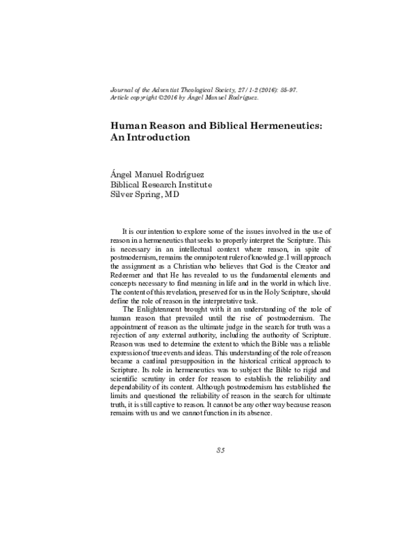 (PDF) Human Reason and Biblical Hermeneutics: An Introduction