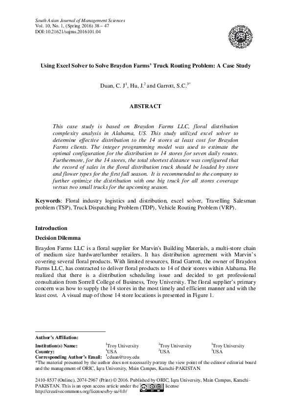 (PDF) Using Excel Solver to solve braydon farms' truck routing problem ...