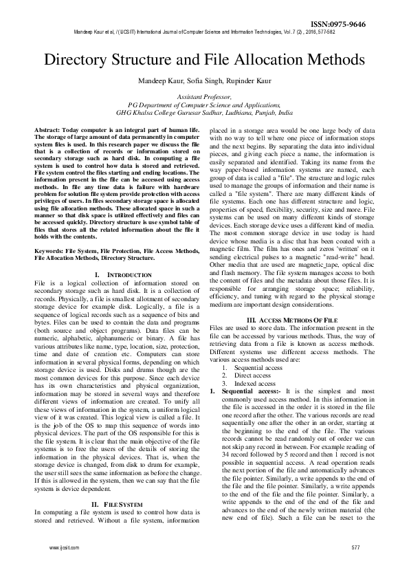 (PDF) Directory Structure and File Allocation Methods