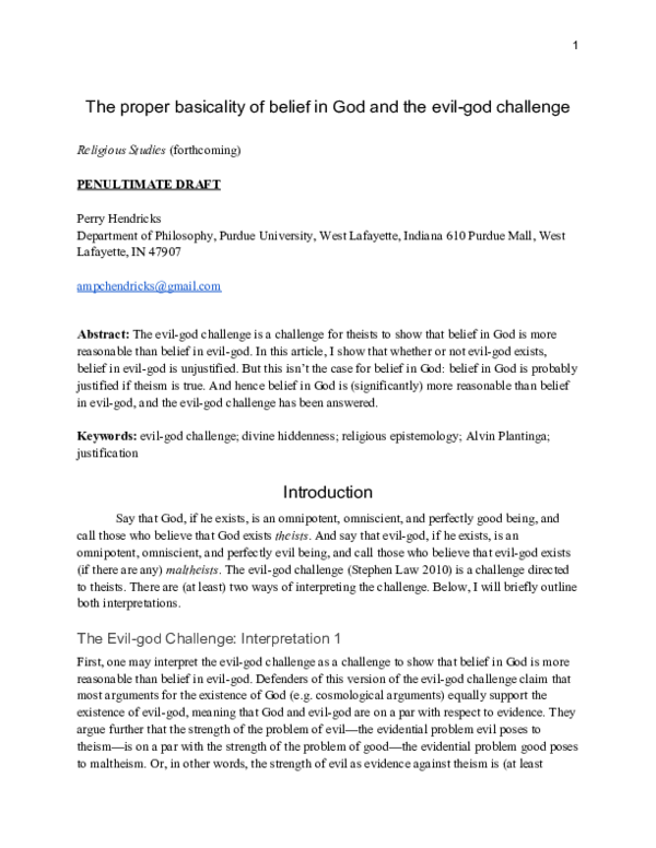 (DOC) The Proper Basicality of Belief in God and The Evil-god Challenge ...