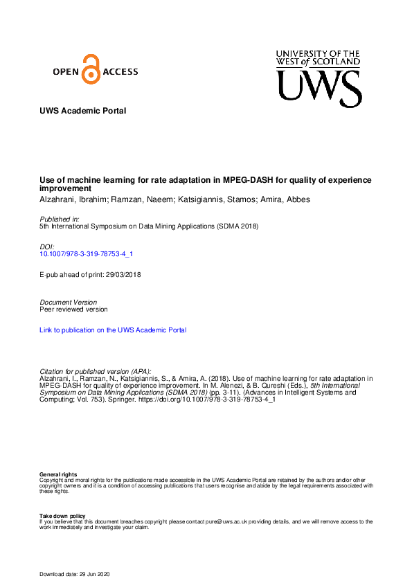 (PDF) Use of Machine Learning for Rate Adaptation in MPEG-DASH for Quality of Experience Improvement