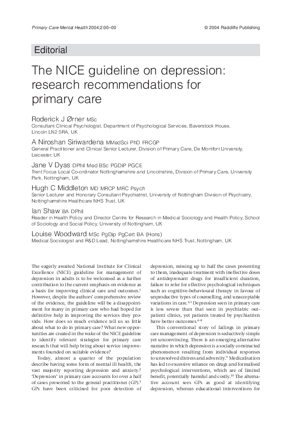 (PDF) The NICE guideline on depression: research recommendations for ...