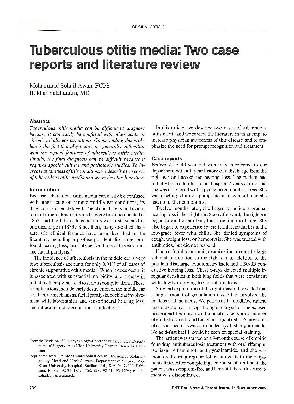 (PDF) Tuberculous otitis media: two case reports and literature review