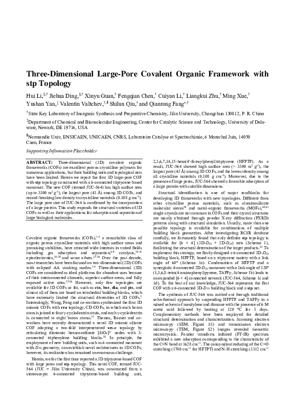 (PDF) Three-Dimensional Large-Pore Covalent Organic Framework with stp Topology