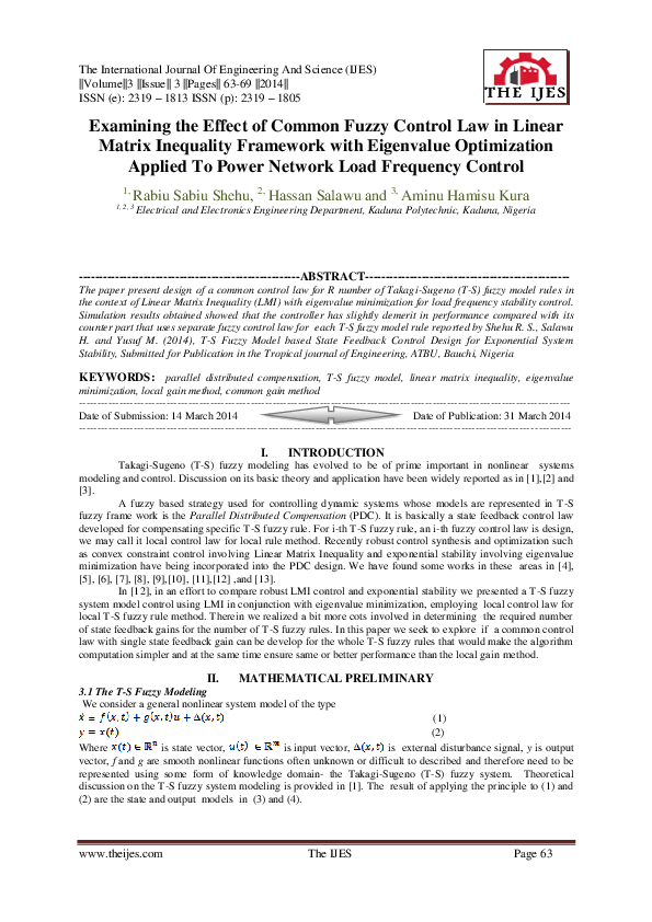 (PDF) Examining the Effect of Common Fuzzy Control Law in Linear Matrix Inequality Framework ...