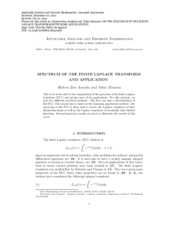 (PDF) Spectrum of the Finite Laplace Transform and Application
