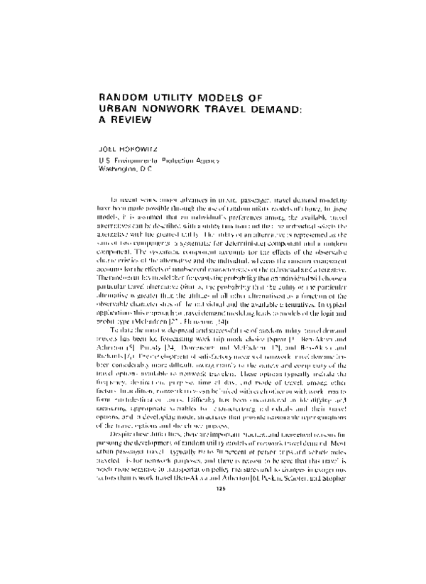 Pdf Random Utility Models Of Urban Nonwork Travel Demand A Review