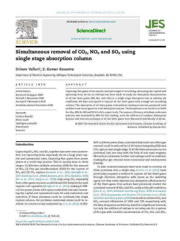 (PDF) Simultaneous removal of CO2, NOx and SOx using single stage ...