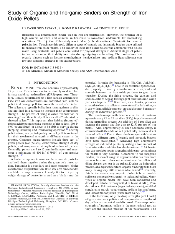 (PDF) Study of Organic and Inorganic Binders on Strength of Iron Oxide ...