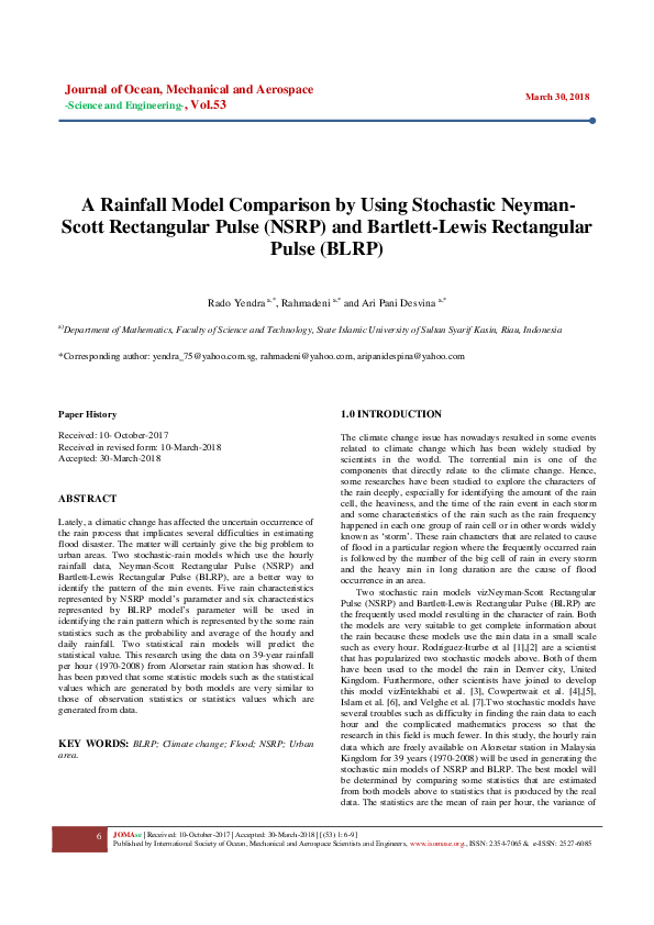 (PDF) A Rainfall Model Comparison by Using Stochastic Neyman-Scott Rectangular Pulse (NSRP) and ...