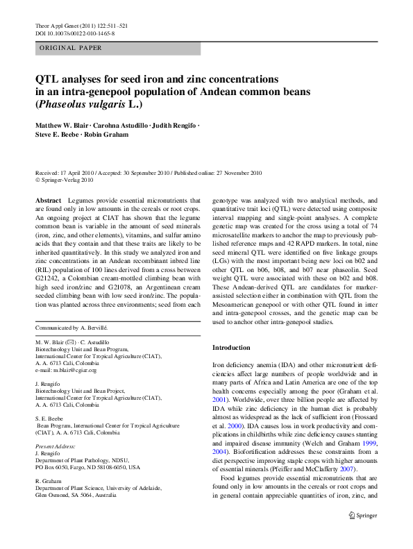 (PDF) QTL analyses for seed iron and zinc concentrations in an intra ...