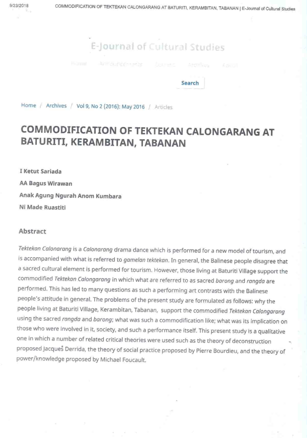 (PDF) Commodification of Tektekan Calongarang at Baturiti, Kerambitan ...