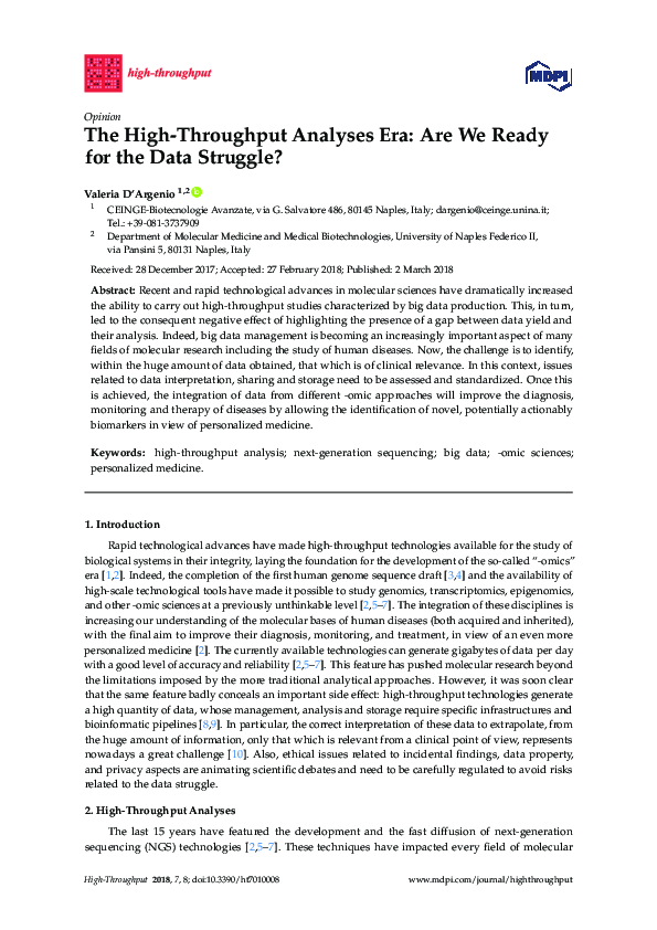 (PDF) The High-Throughput Analyses Era: Are We Ready for the Data Struggle?