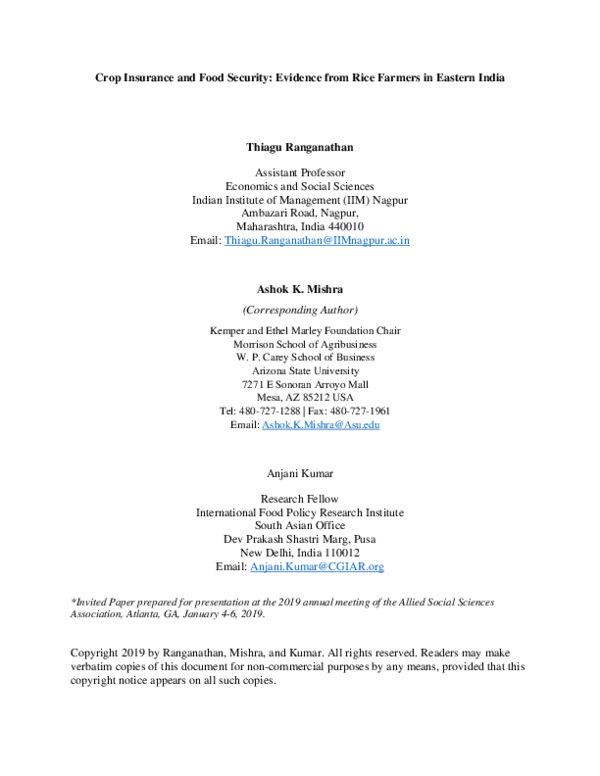 (PDF) Crop Insurance and Food Security: Evidence from Rice Farmers in ...